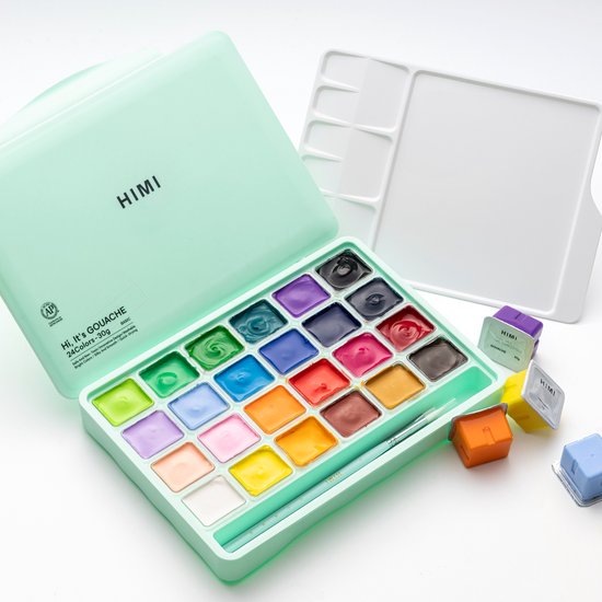 HIMI Gouache Set 24 kleuren in box groen + 3 penselen – Busch & van der ...